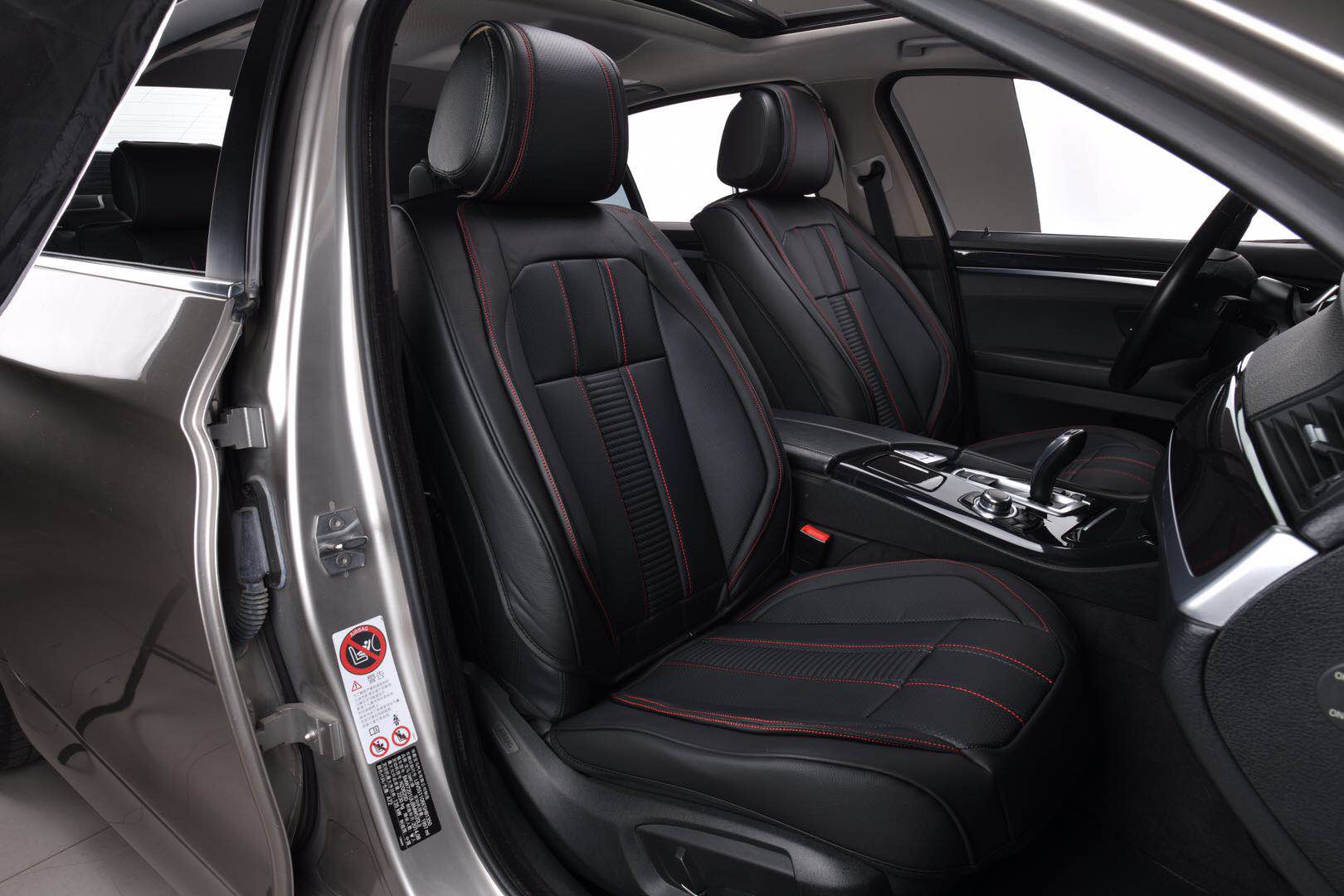 Set huse Scaune Auto Fata 1+1 Flexzon ,Negru cu Cusaturi Rosii , Lux Piele Ecologica | Flexzon.ro